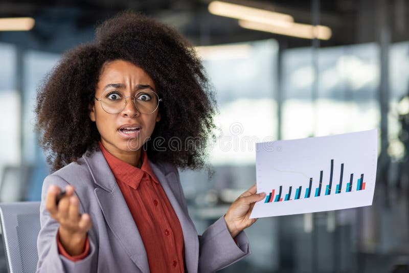 Impressed Brunette Lady in Spectacles Holding Fail Statistics Documents ...