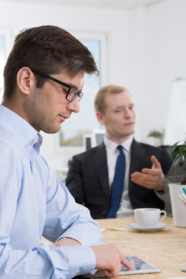 Impressed by His Friend S Work Stock Image - Image of tablet ...