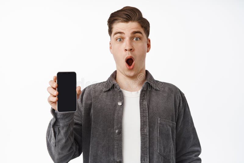 Impressed Young Man, Gasp in Awe, Look Surprised with Awesome App ...