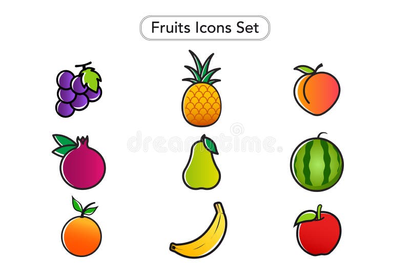 Fruits Icons Set. Fruits Clip Arts Collection. Grape, Pomegranate ...