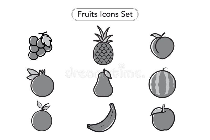 Fruits Icons Set. Fruits Clip Arts Collection. Grape, Pomegranate ...