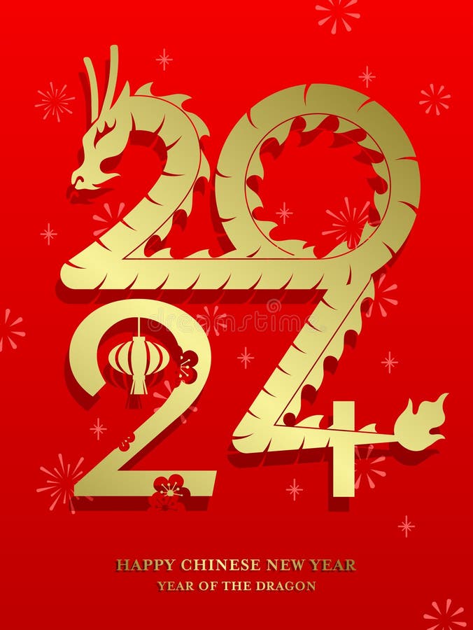 Happy Chinese New Year of Dragon Gold Paper Cutting Style 2024 Numbers ...