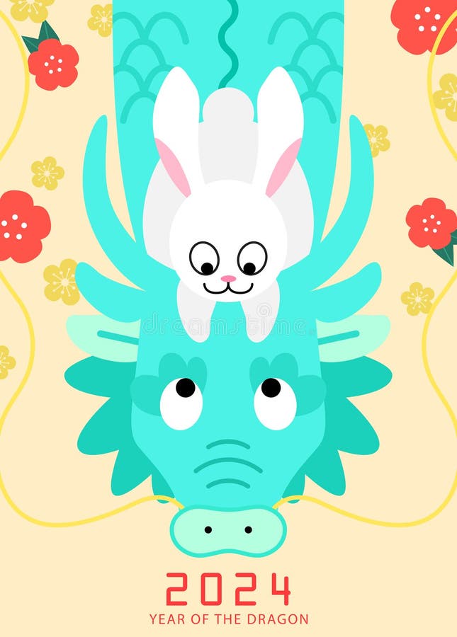 Zodiac Rabbit with Zodiac Dragon 2024 Card Stock Vector - Illustration ...