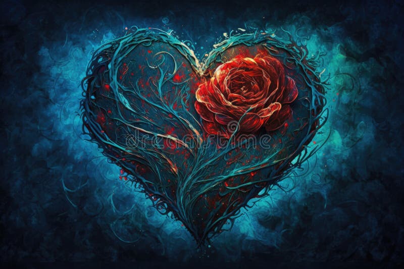 Impressionism Blue Background with Red Rose Heart Design Stock ...