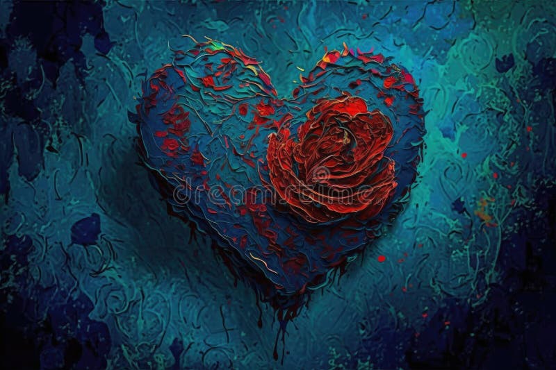 Impressionism Blue Background with Red Rose Heart Design Stock Image ...