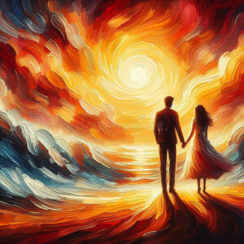 Impressionism Impasto Couple at Sunset Beach Illustration Stock ...