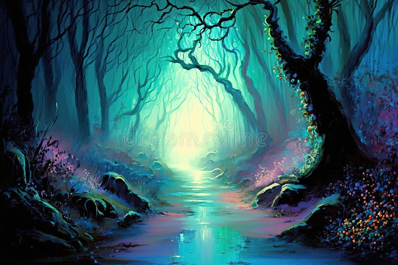 Impressionist Fairy Forest, Night Time Mystery and Magic, Fairytale ... Impressionist Fairy Forest, Night Time Mystery and Magic, Fairytale ...