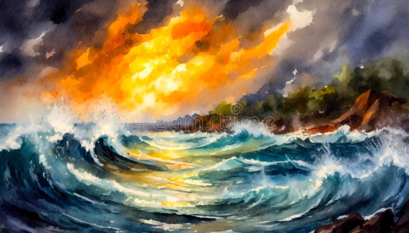 An Impressionist Painting Style Image of a Storm at Sea and a Ragging ...