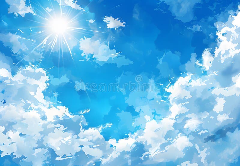 Impressionist Style Blue Sky with Clouds and Sun Stock Illustration ...