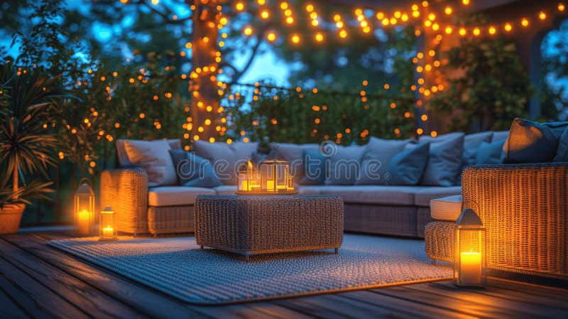 Impressionist Summer Night on Elegant Outdoor Patio with Lanterns and ...