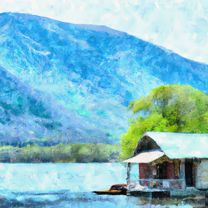 Impressionist Watercolor of Cabin on Lake Stock Illustration ...