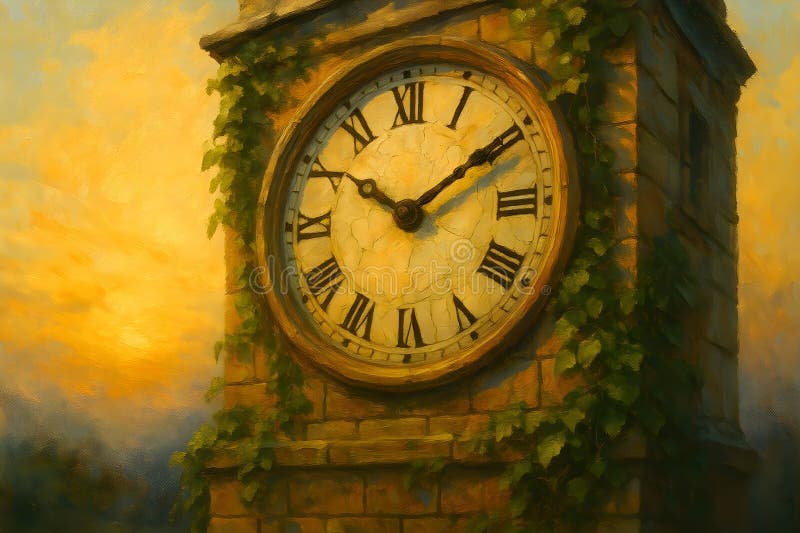 Impressionistic Clock Tower Facade with Weathered Stonework and ...