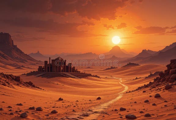 Impressionistic Landscape of a Desert Exoplanet Featuring Ruins and a ...