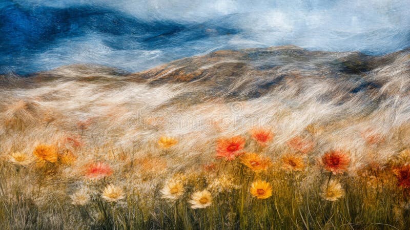 Impressionistic Landscape Painting of Wildflowers in a Field Stock ...