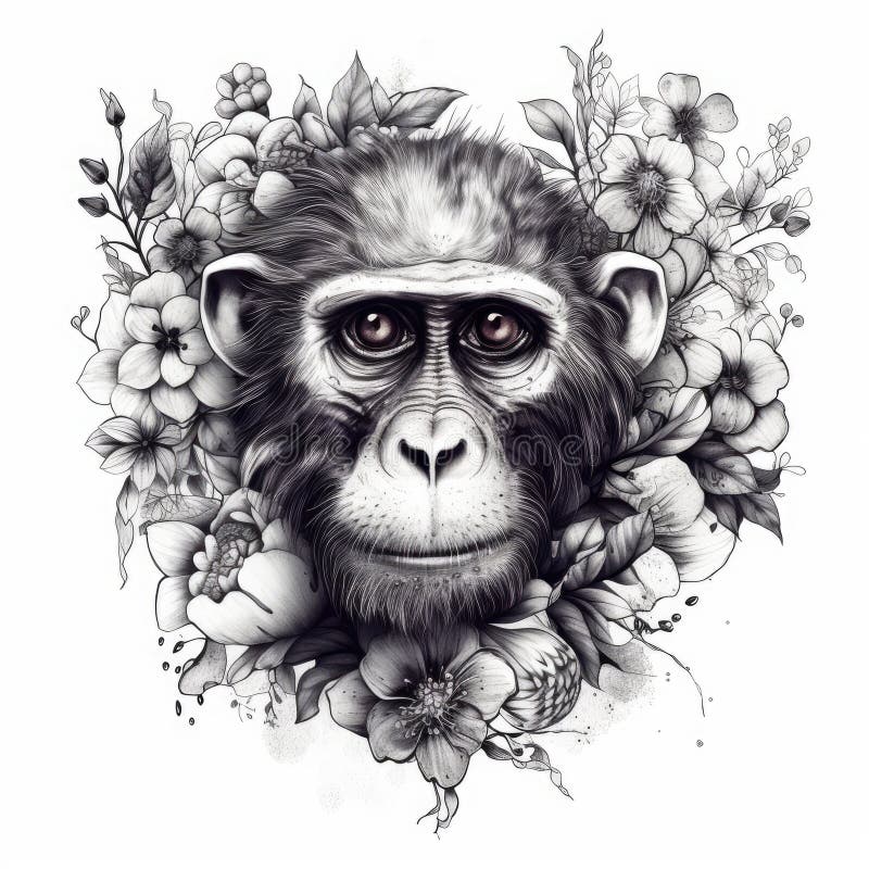 Impressionistic Monkey with Flowers in Realistic Blackwork Style on ...