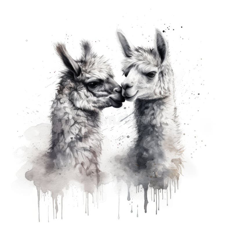 Impressionistic Alpaca Kiss in Realistic Blackwork Style on White ...