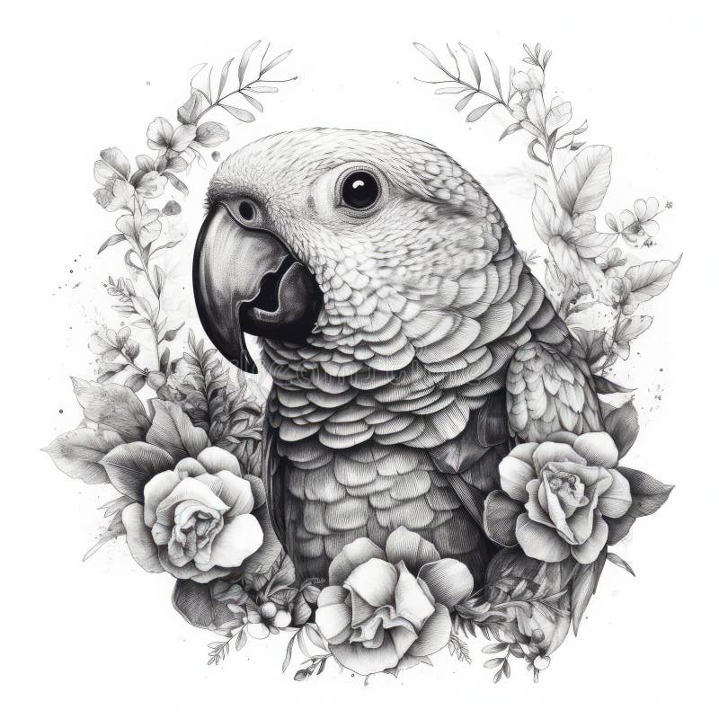 Impressionistic Realistic Blackwork Style Ara Parrot with Flowers on ...