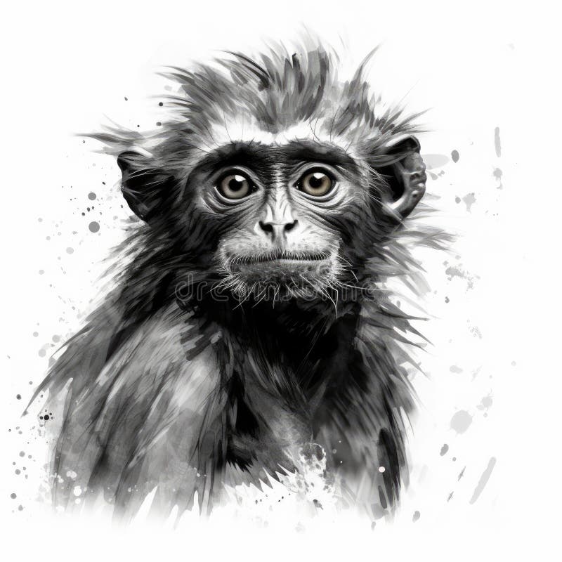 Impressionistic Realistic Blackwork Style Cartoon Monkey on White ...