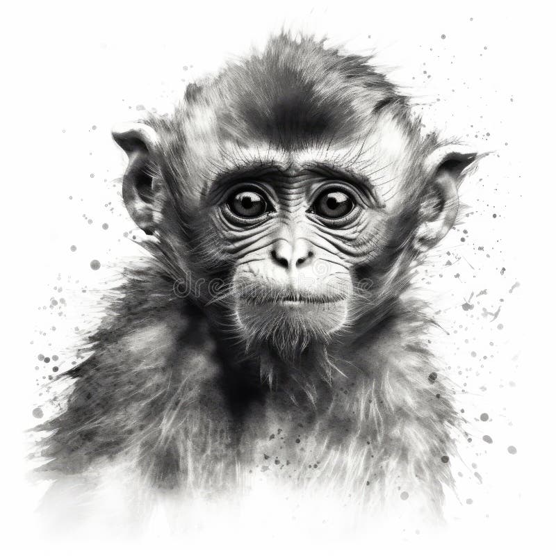 Impressionistic Realistic Blackwork Style of a Cute Monkey on White ...