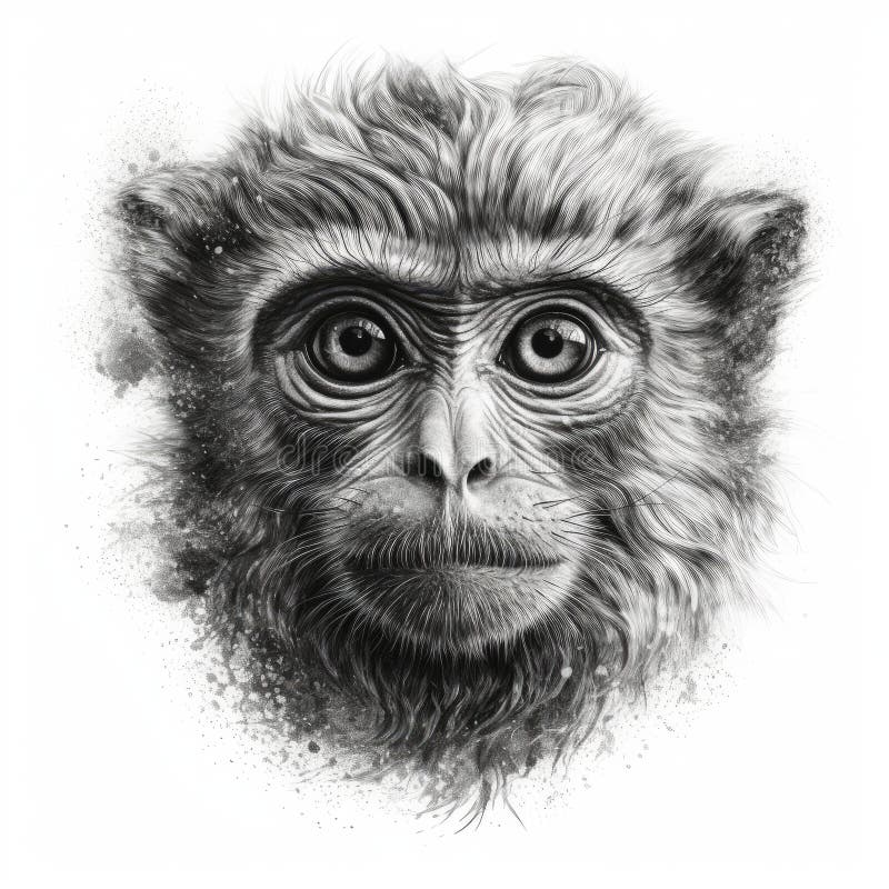 Impressionistic Realistic Blackwork Style of a Cute Monkey on White ...