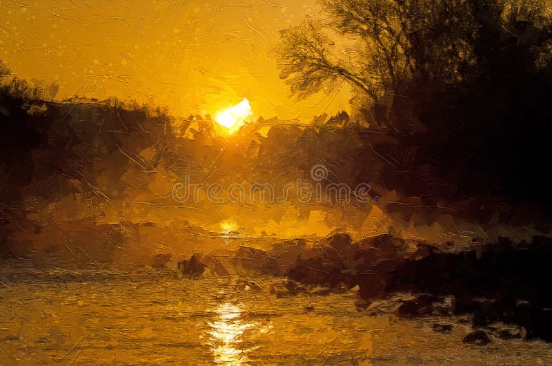 Impressionistic Style Artwork of the Morning Sun Rising Over the Misty ...