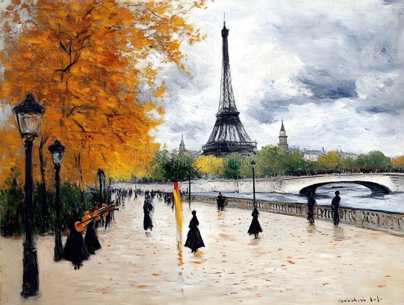 Autumnal Parisian Scene Eiffel Tower and Riverside Walk Stock ...
