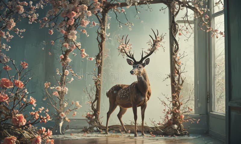 Deer Standing in Front Window with Flowers Stock Illustration ...