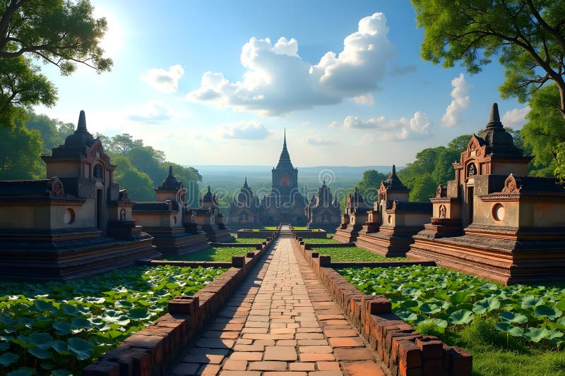 Ancient Buddhist Temple Complex with Stupas and Lotus Ponds Stock ...