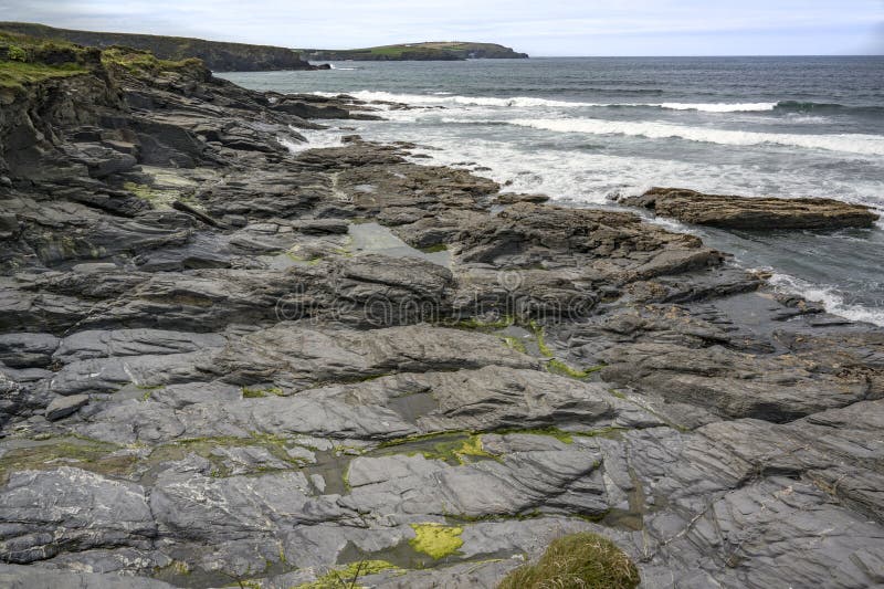 Impressive Ancient Rock Formation at Newtrain Bay Cornwall Stock Photo ...
