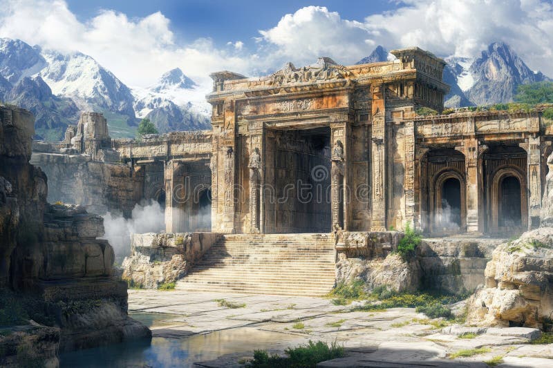 Ancient Ruins beside Majestic Mountains on a Clear, Sunny Day in a ...