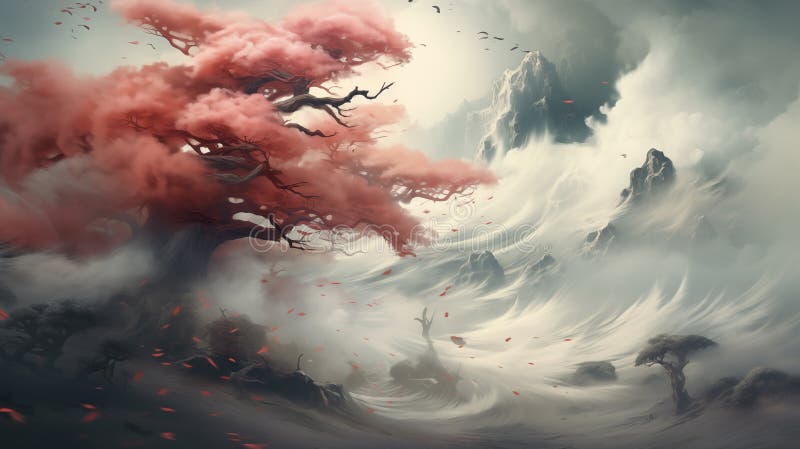 Impressive Asian Inspired Tree while Wind is Blowing Stock Illustration ...