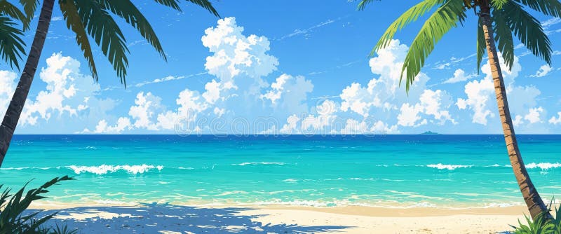 Impressive Beautiful Relaxing Anime Illustration of a Tropical Beach ...