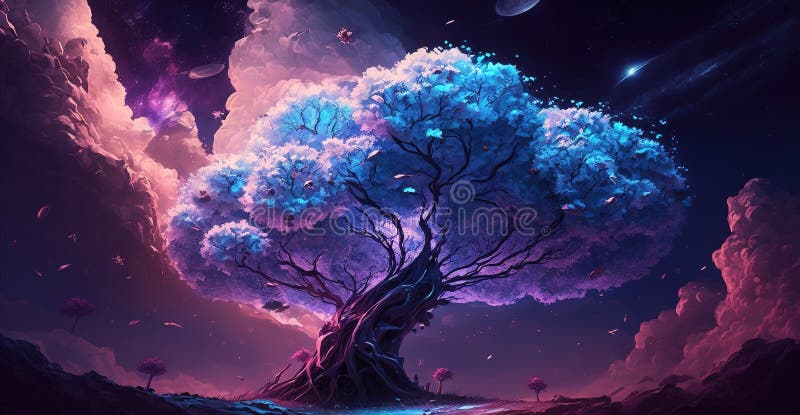 An Impressive Blue Inspired Cherry Tree in Space, Generative Ai ...
