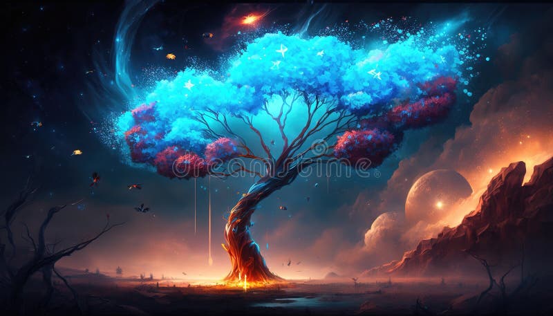 An Impressive Blue Shimmering Cherry Tree in Space, Fantasy Scifi ...