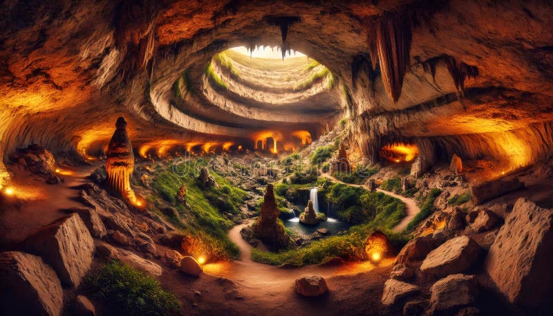 Impressive Cave Interior with Stalactites, Stalagmites, Waterfall, and ...