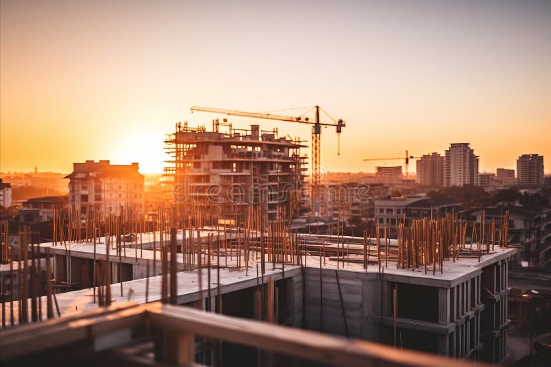 Impressive Close-up Shot. Construction Site on Sunset with Majestic ...