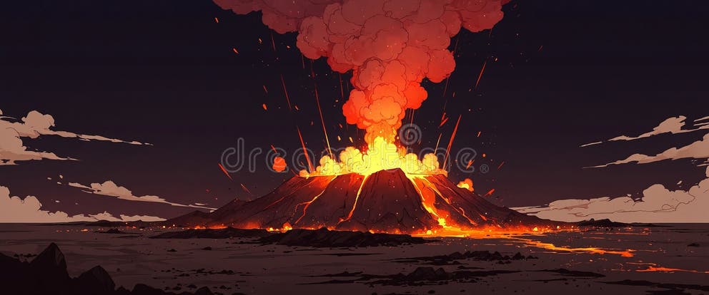 An Impressive Dangerous Volcano Exploding Scene, Anime Manga Art. Stock ...