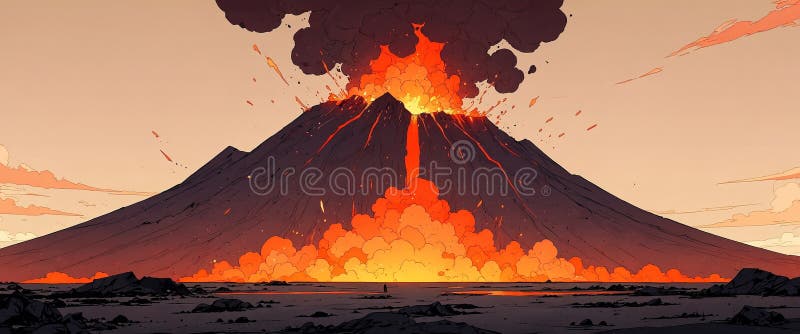 An Impressive Dangerous Volcano Exploding Scene, Anime Manga Art. Stock ...