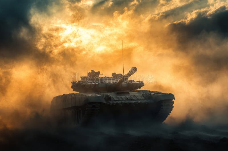 An Impressive Double-exposure Image Featuring a Tank Advancing through ...