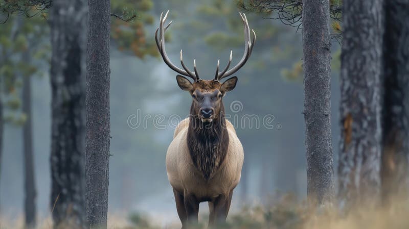 An Impressive Elk Displays Its Antlers while Surrounded by Trees in a ...