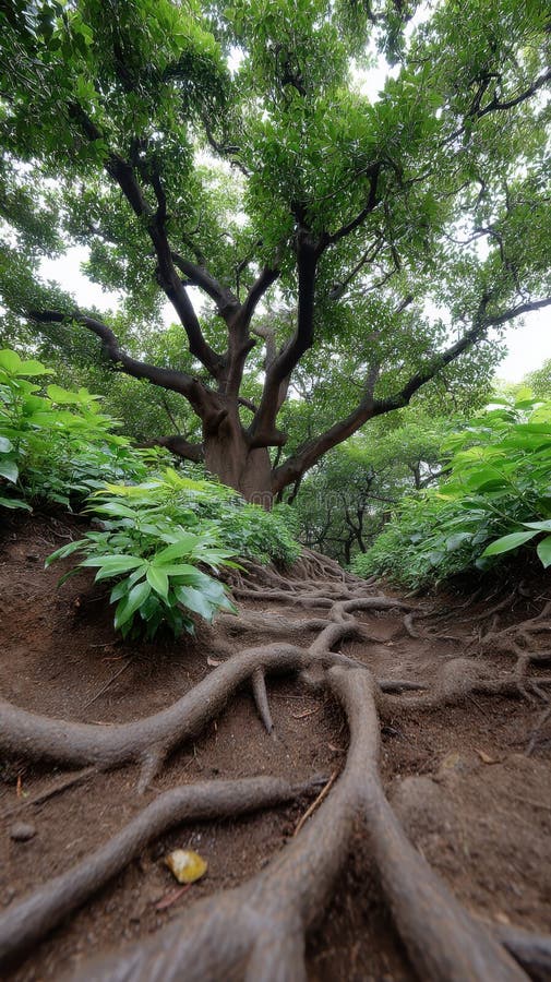 Impressive Exposed Roots of Old Growth Tree, Foreground with Lush Green ...