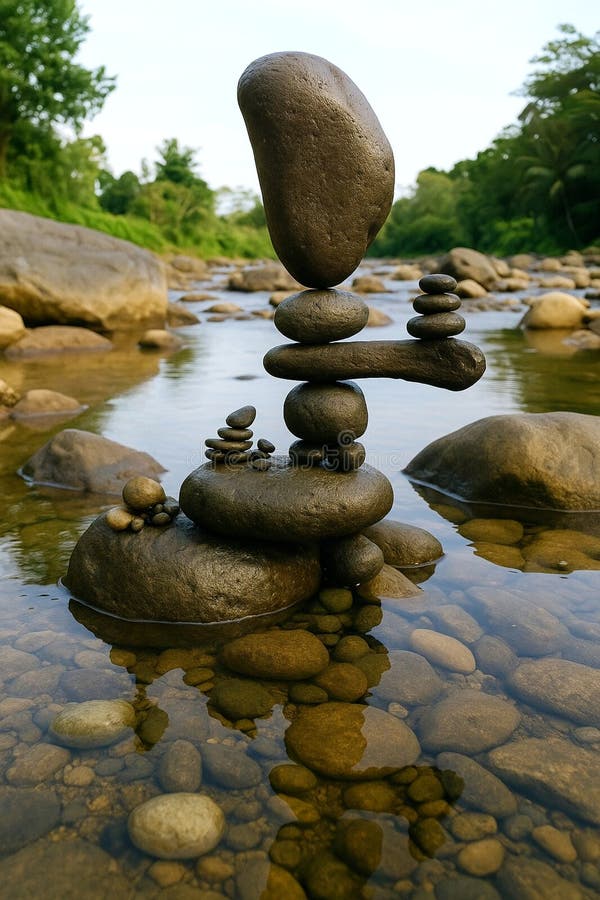 Complex Stone Cairn Composition in a Shallow River Stock Illustration ...