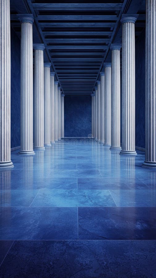 Impressive Interior View of a Grand Hallway with Tall Columns and Blue ...