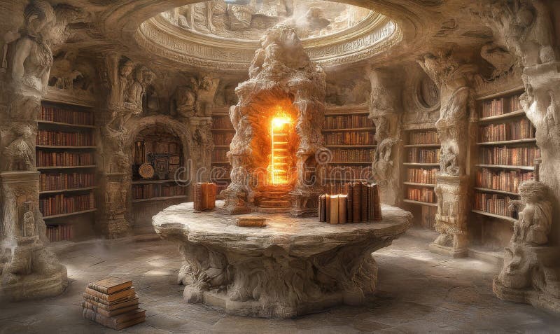 An Impressive Library Adorned with Bookshelves and a Large, Decorative ...