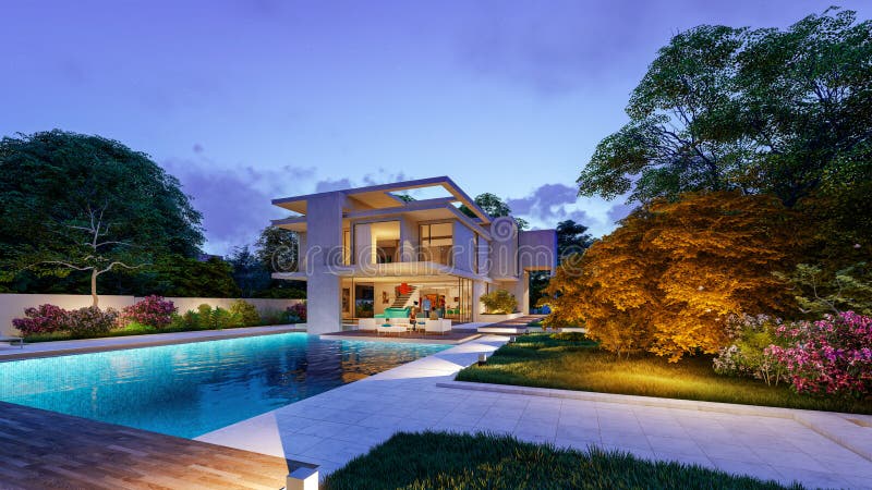 Impressive Modern Mansion with Pool at Dusk Stock Illustration ...