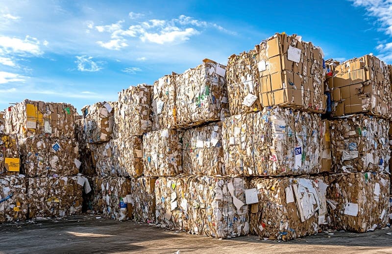 Impressive Mountain of Neatly Compressed Cardboard Bales Under a Bright ...