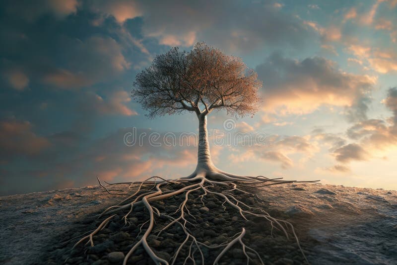 An Impressive Oak Tree Stands Tall with Its Extensive Roots Visible ...