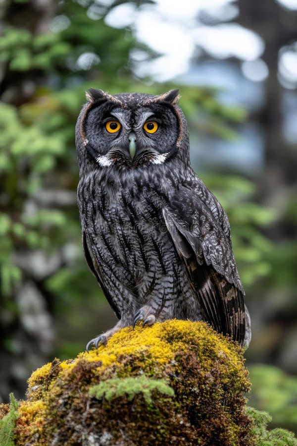 An Impressive Owl Stands Majestically on a Moss-covered Rock in a Dense ...