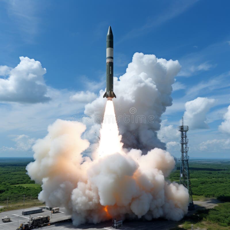 Impressive Rocket Launch with Thick White Smoke Against Blue Sky Stock ...