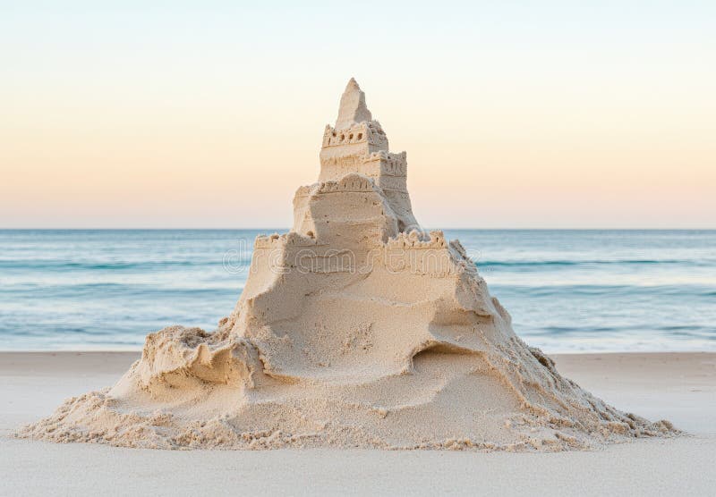 Impressive Sand Castle on a Beach at Sunset Stock Illustration ...